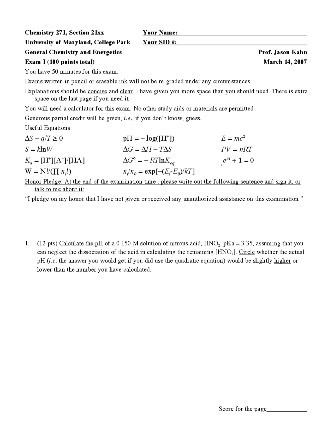 Practice Questions For Exam 1 Chemistry Fundamentals Ii Chem 271