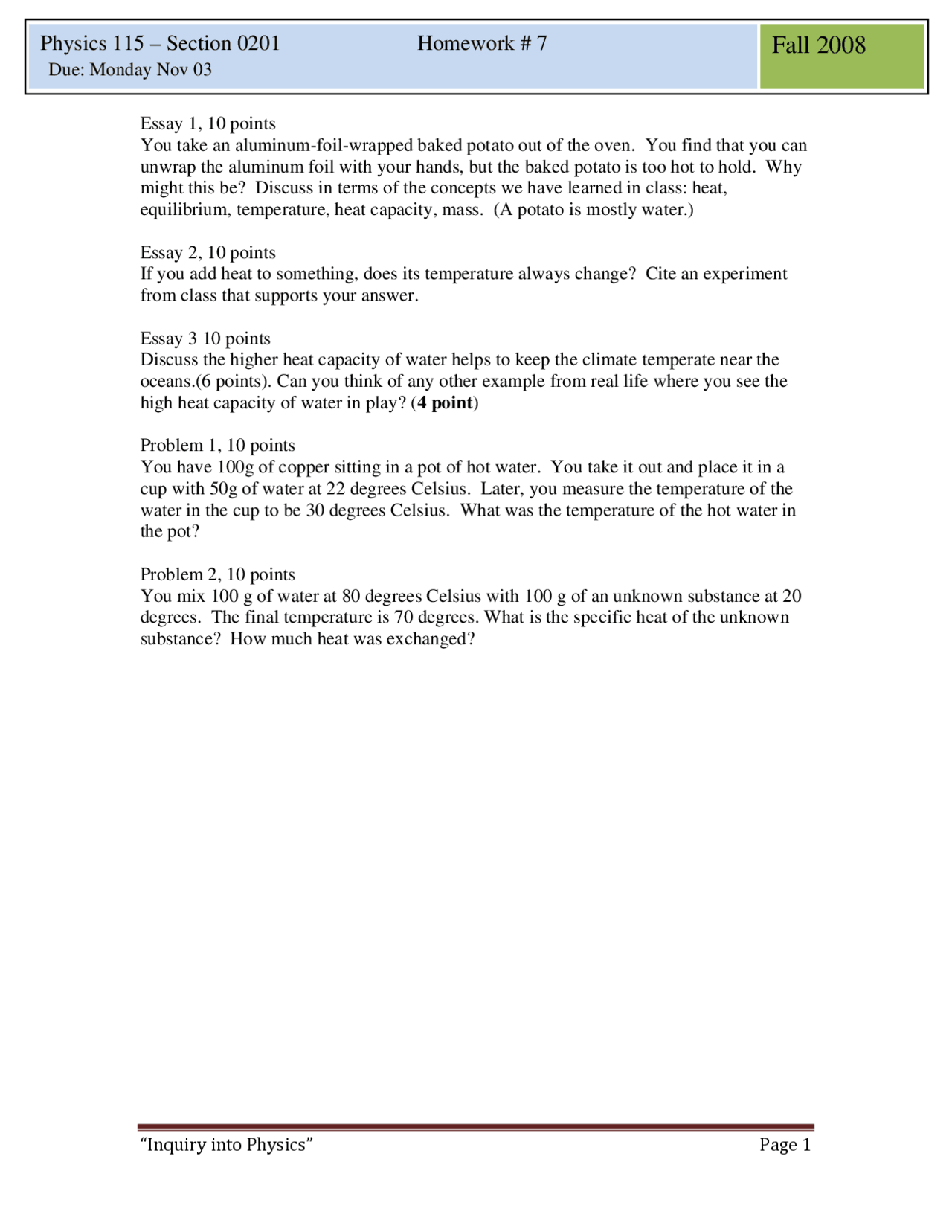 Homework 7 Inquiry Into Physics Phys 115 Docsity