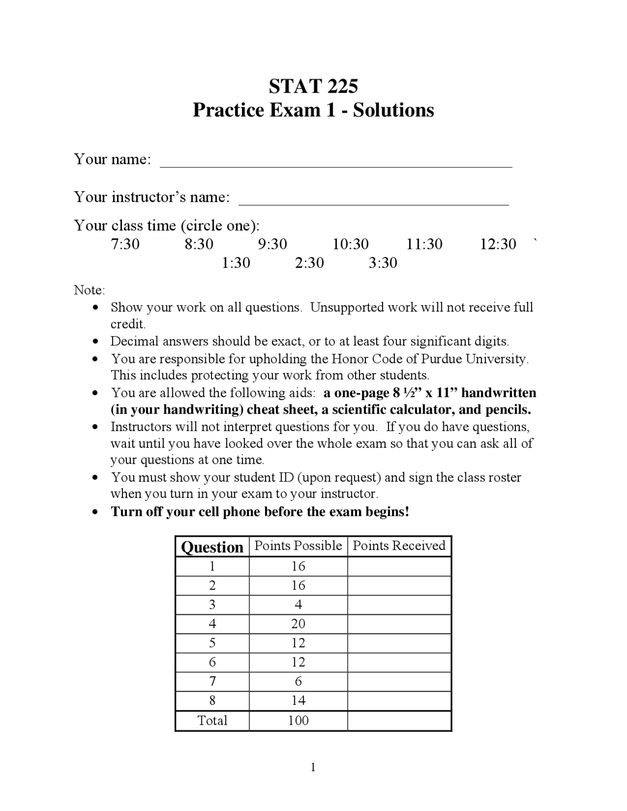 Practice Exam 1 Answers - Introduction To Probability Models | STAT 22500 - Docsity