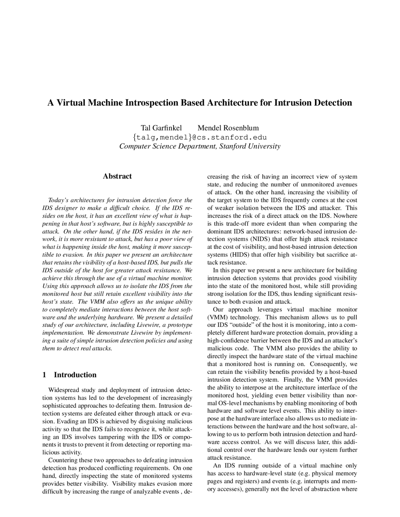 A Virtual Machines Introspection Based Architecture For Intrusion Detection Ecs 235a Docsity