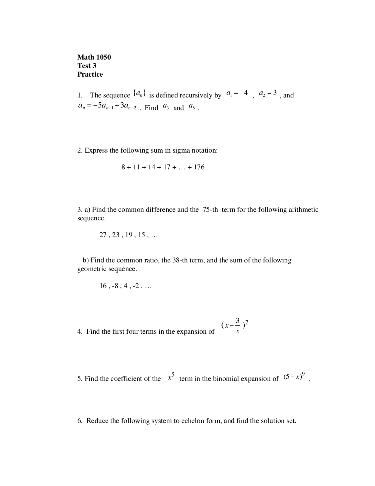 Practice Exam 3 - College Algebra | MATH 1050 | Exams Algebra | Docsity