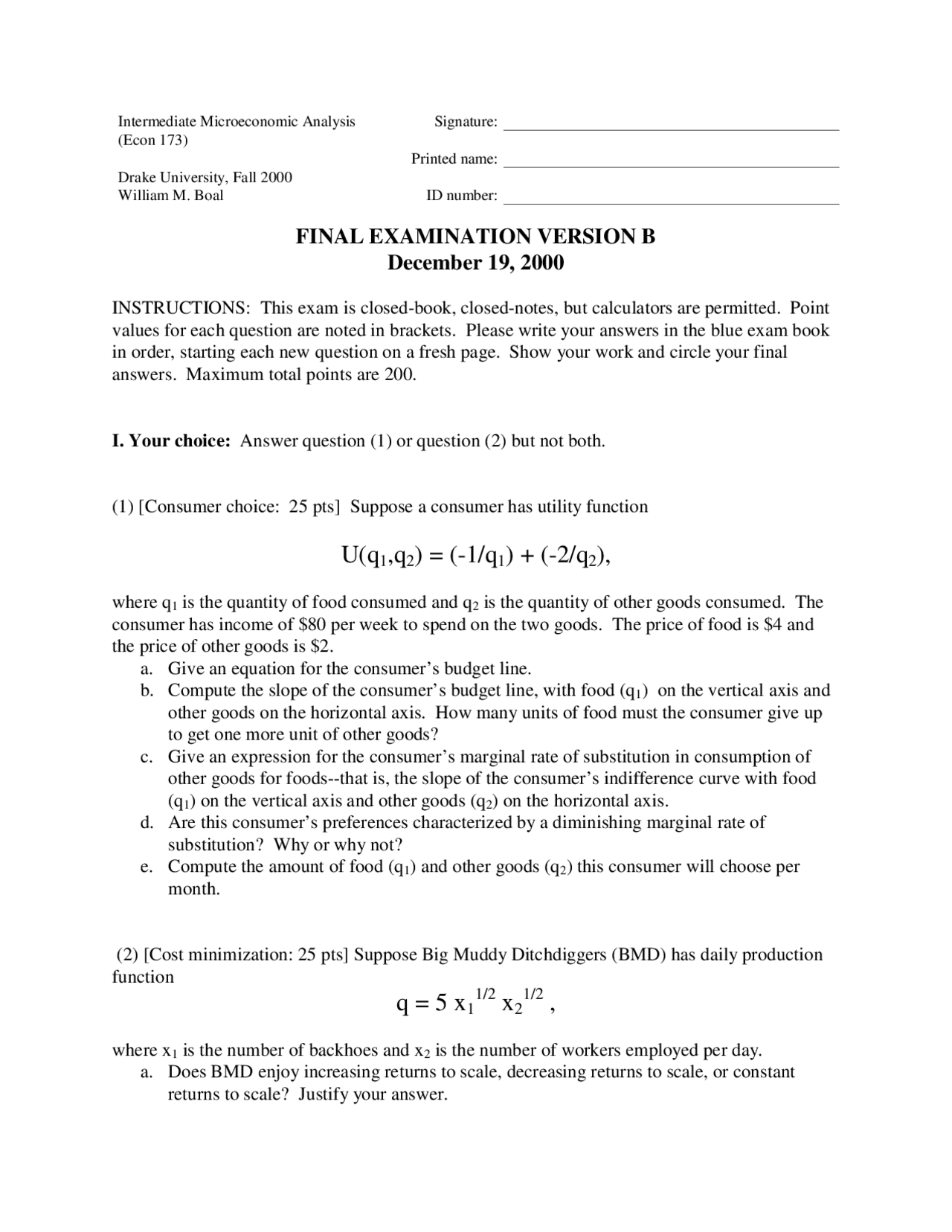 Questions On Intermediate Microeconomic Analysis Final Exam Econ