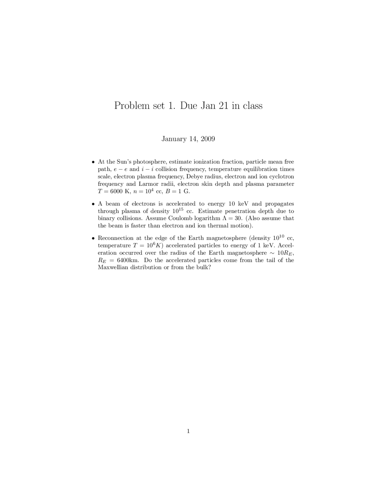 Problem Set 1 Introduction To Plasma Physics Fall 2009 Phys 67000