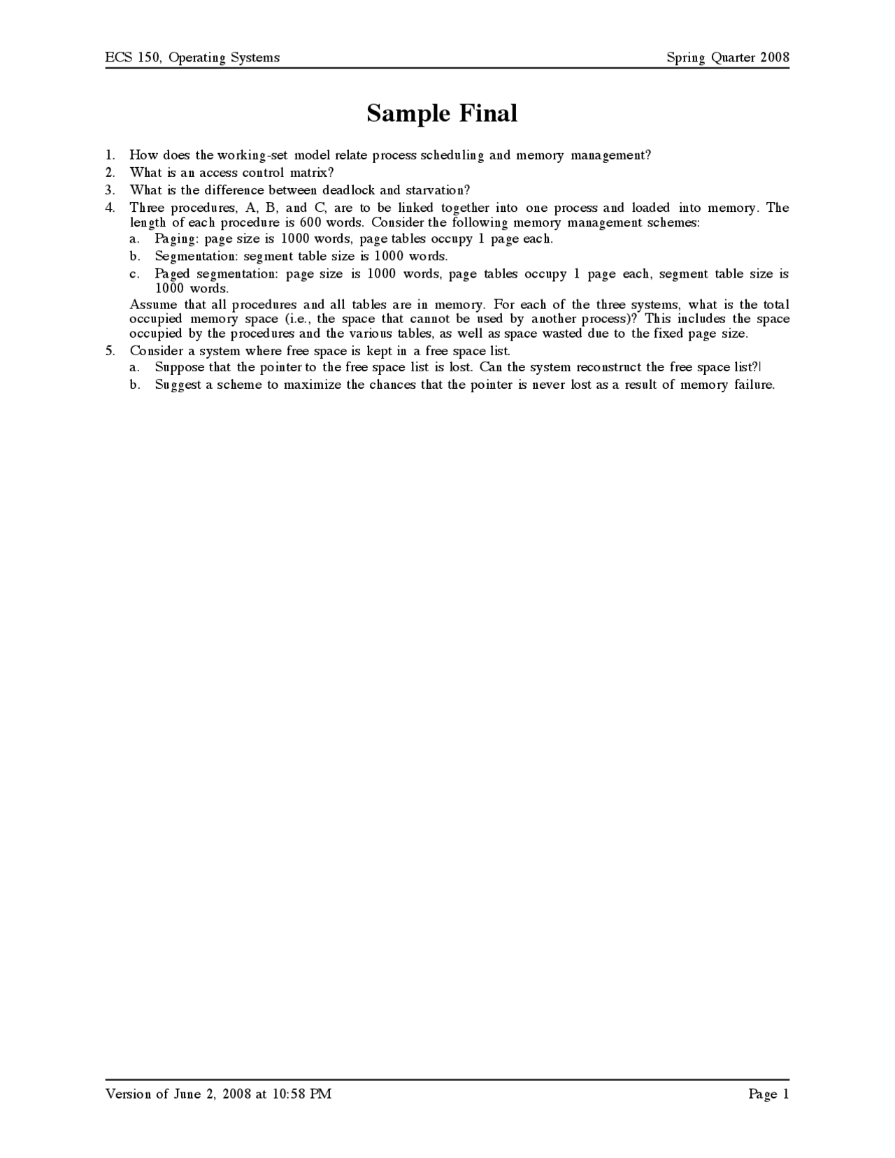 Sample Final For Operating Systems Ecs 150 Docsity
