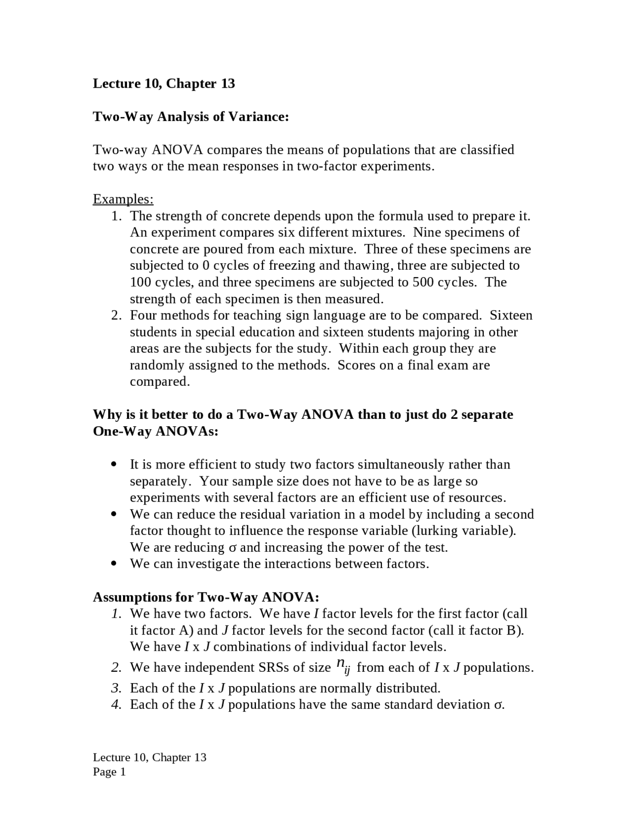 Two Way Analysis Of Variance Lecture Notes Stat 30100 Docsity