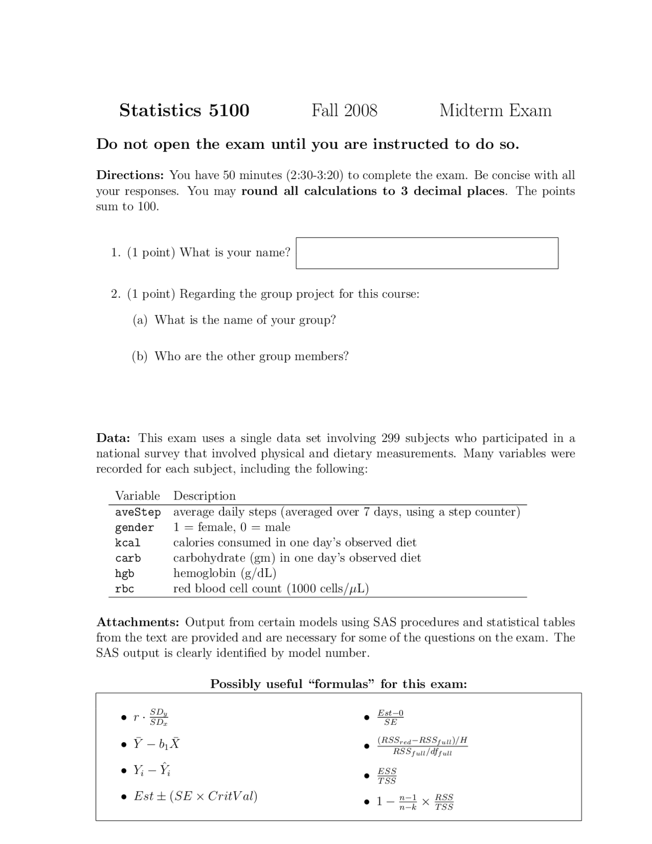 Midterm Exam With Questions Linear Regression And Time Series Stat