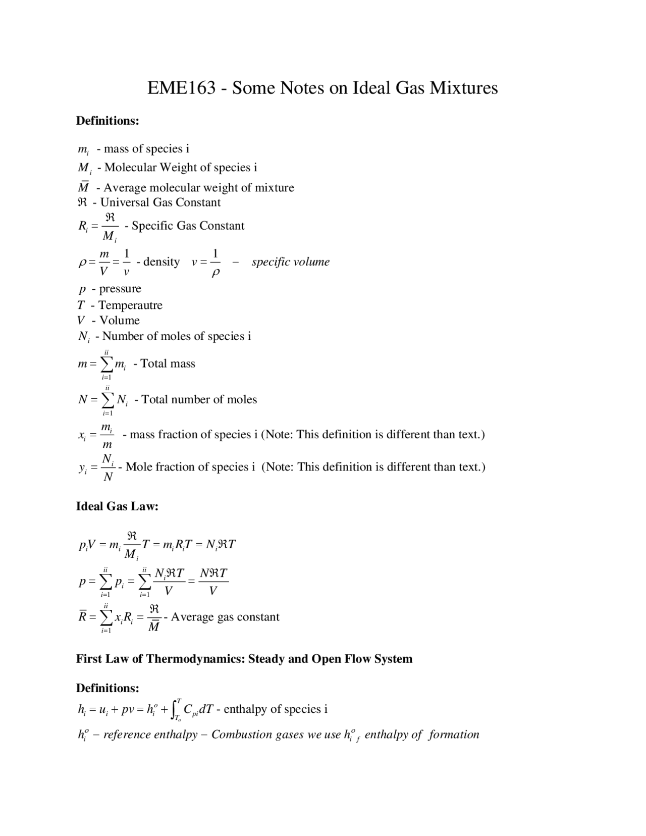 Ideal Gas Mixtures Lecture Notes Eme 163 Docsity