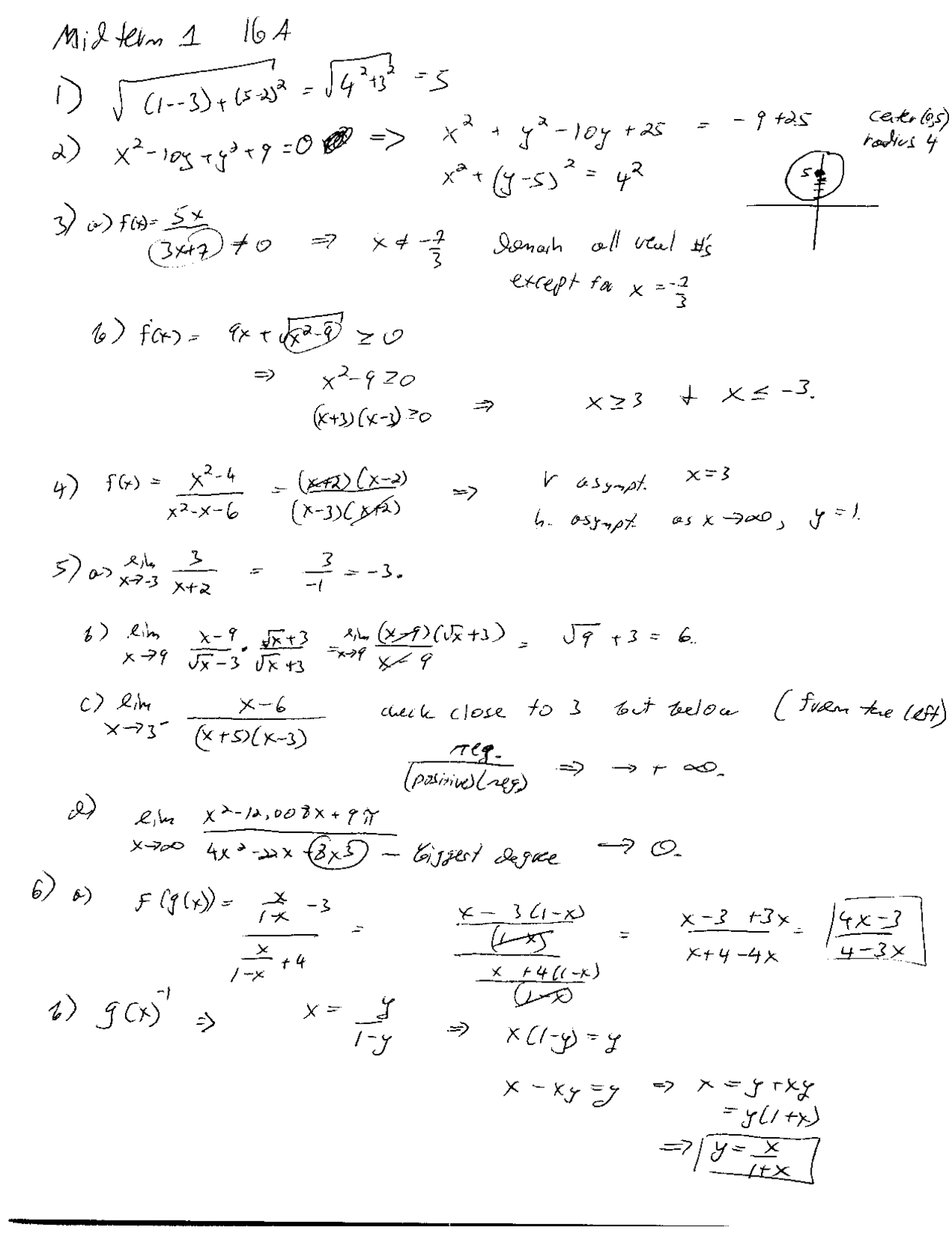 Midterm Exam 1 Questions With Answers Short Calculus Mat 016a Docsity