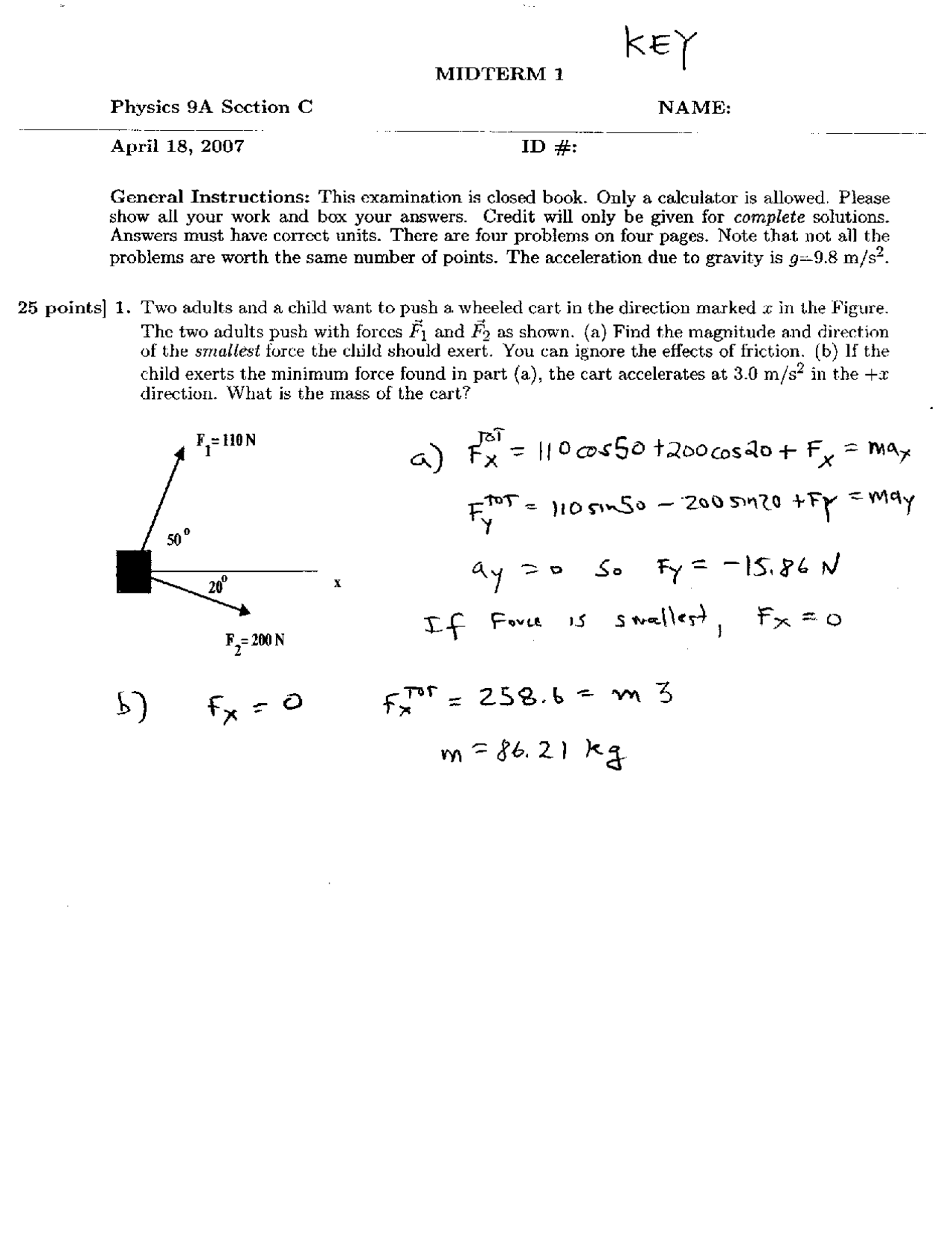 Answer Key For Midterm Exam 1c Classical Physics Phy 009a Exams