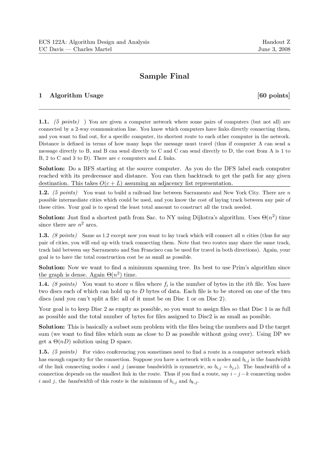 Sample Final Exam For Algorithm Design And Analysis Ecs 122a Docsity