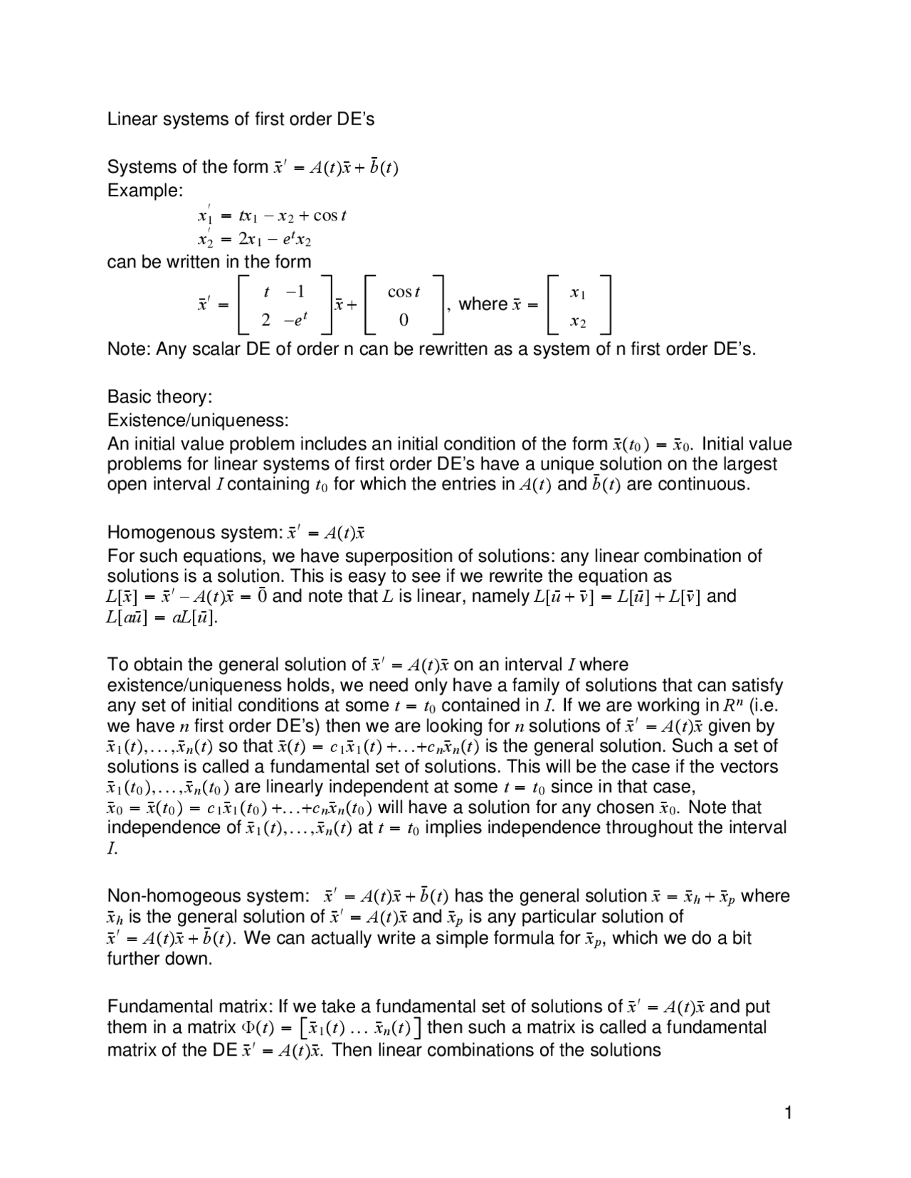 Linear System Of First Order Differential Equations Notes Math 567