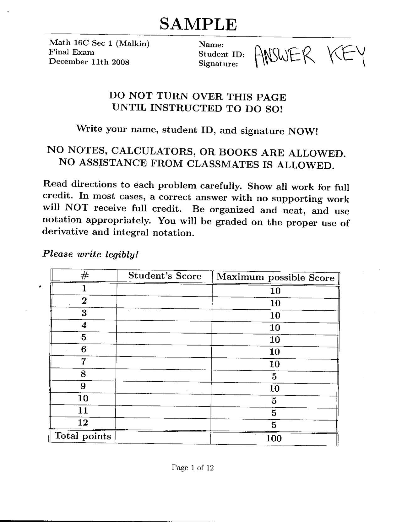 Sample Final Exam With Answer Key Short Calculus Mat 016c Docsity