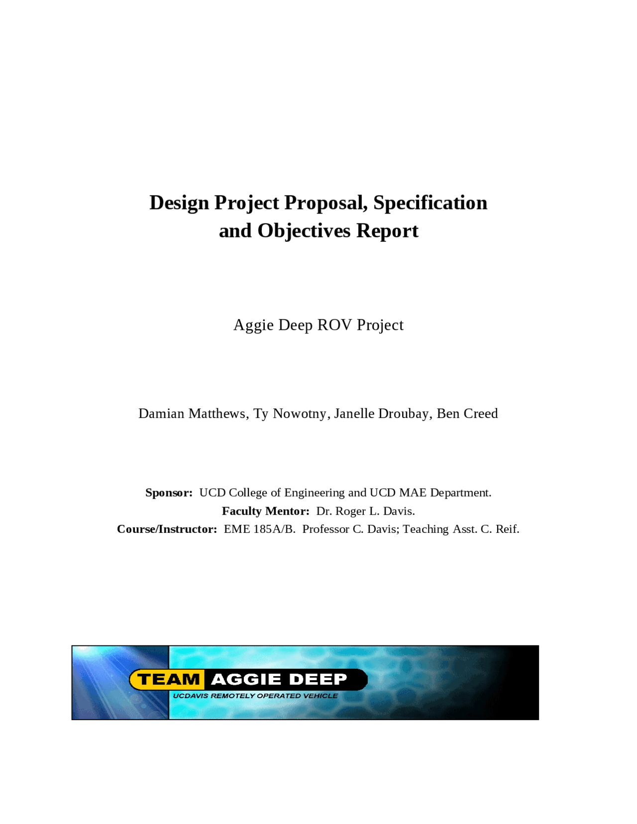 Design Project Proposal, Specification and Objectives Report | EME 185A ...