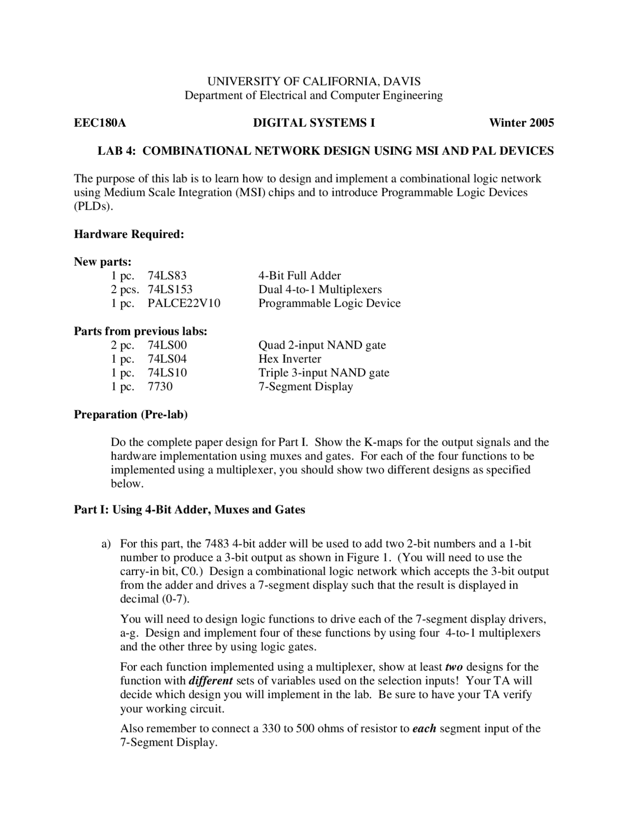 Combinational Network Design Using Msi And Pal Devices Lab 4 Eec