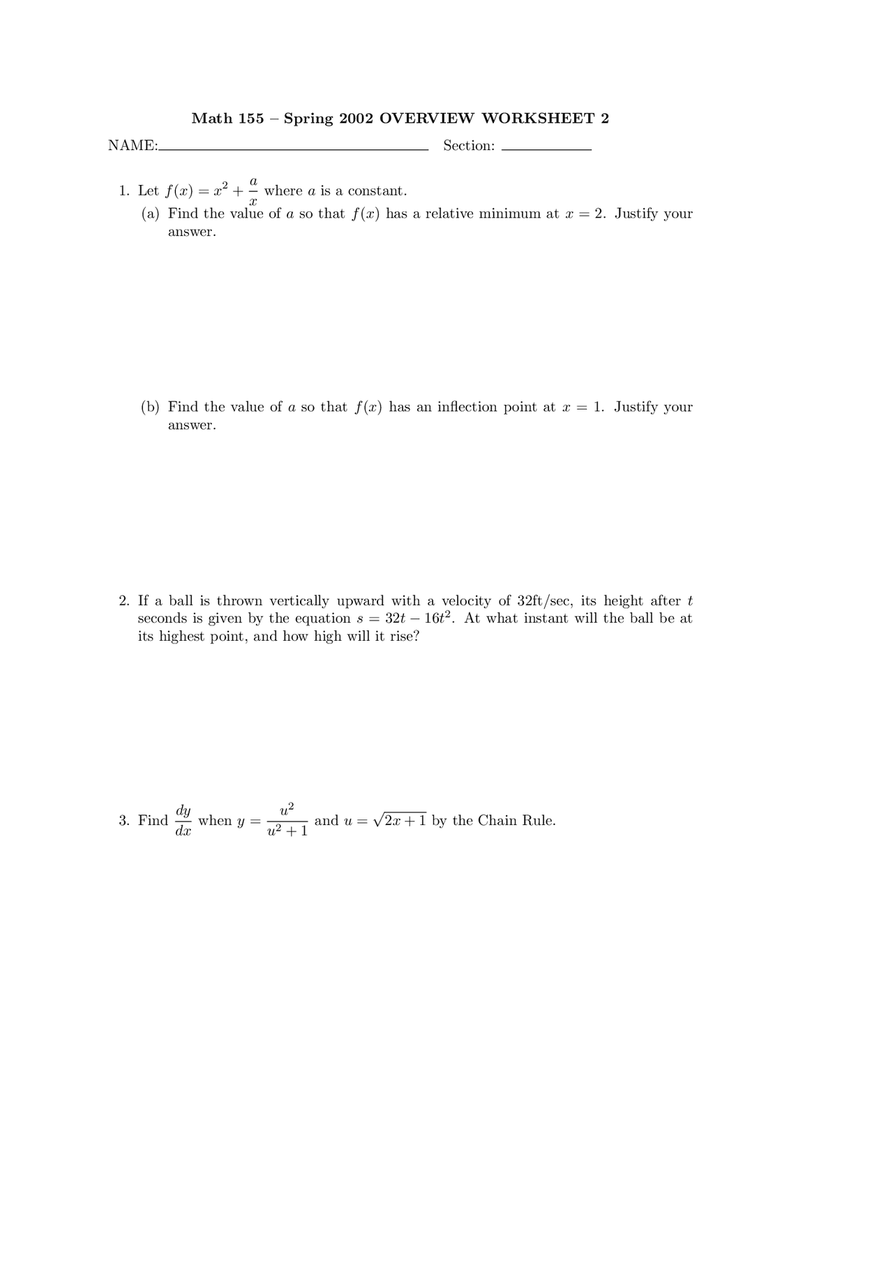 Overview of Worksheet 2 | Calculus I | MATH 155 - Docsity