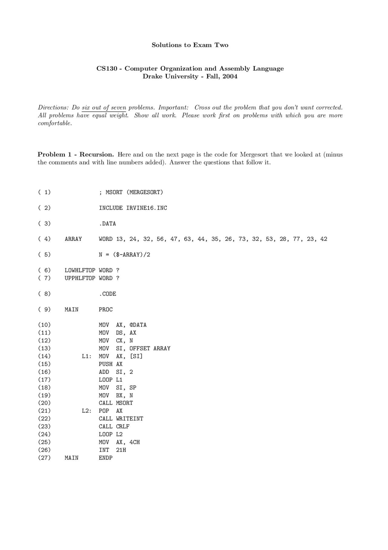 Exam 2 Solutions - Computer Organization and Assembly | CS 130 - Docsity