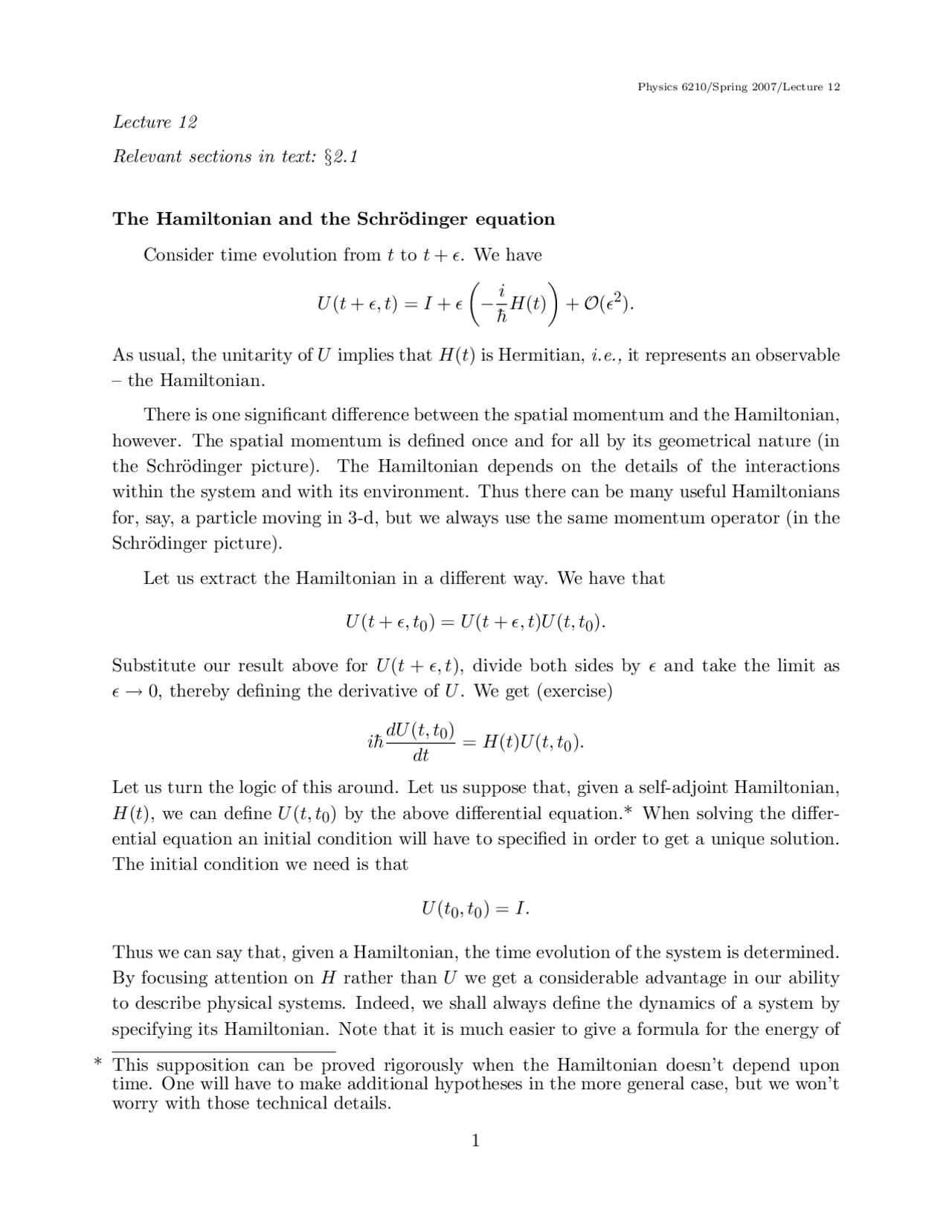 The Hamiltonian and the Schrodinger Equation - Notes | PHYS 6210 - Docsity