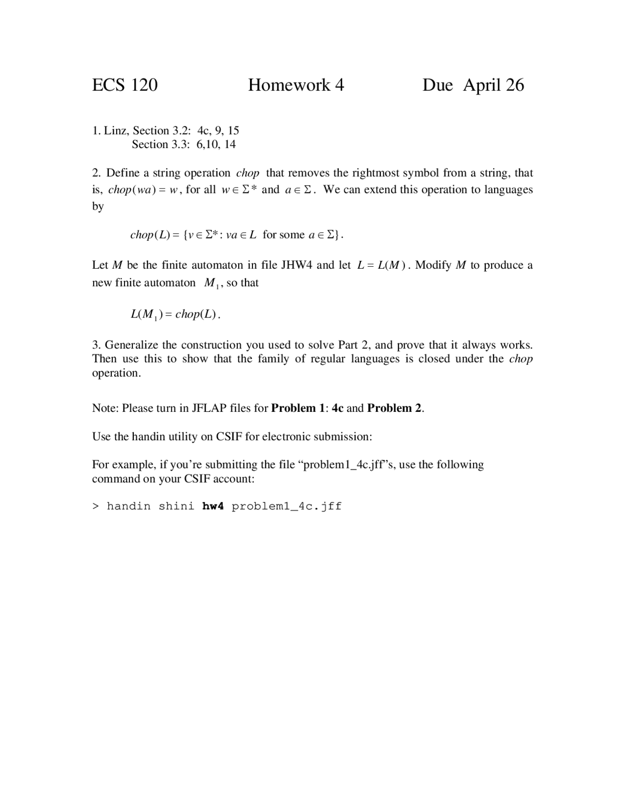 Assignment 4 Problems Introduction Theory Computation Ecs 120 Docsity