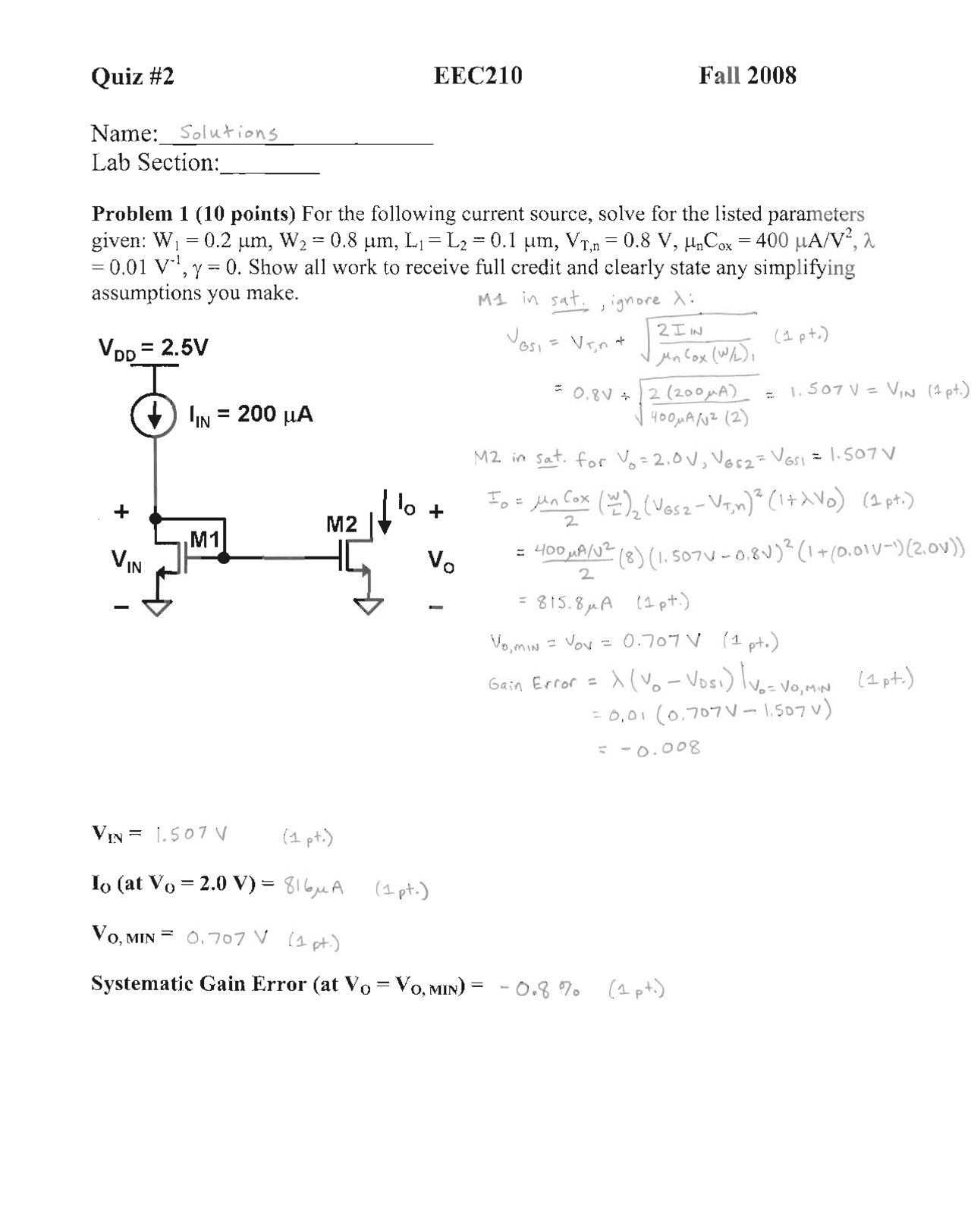 Analog Circuit Design Quiz 2 Solutions Eec 210 Docsity