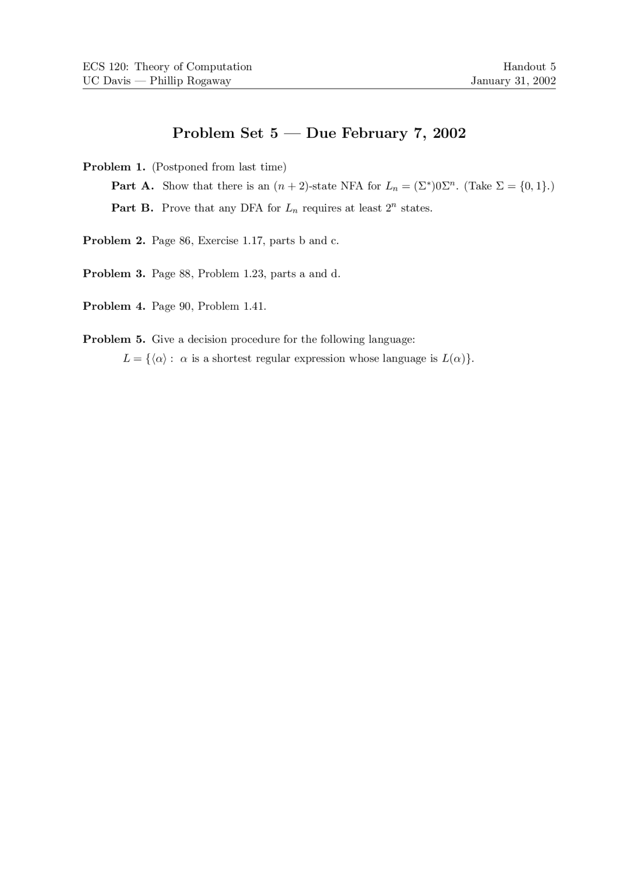 Introduction To Theory Computation Problem Set 5 Ecs 120 Docsity