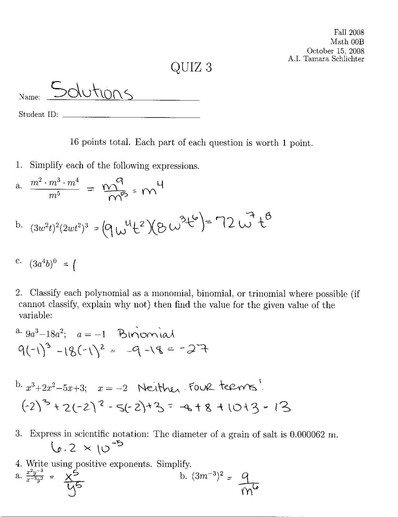 Quiz 3 With Solution For Elementary Algebra Mat 000b Docsity