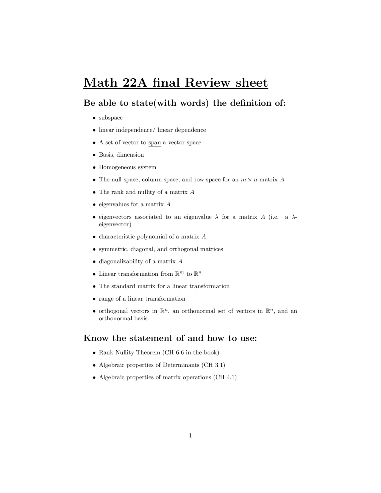 Review Sheet For Final Exam Linear Algebra Mat 022a Docsity