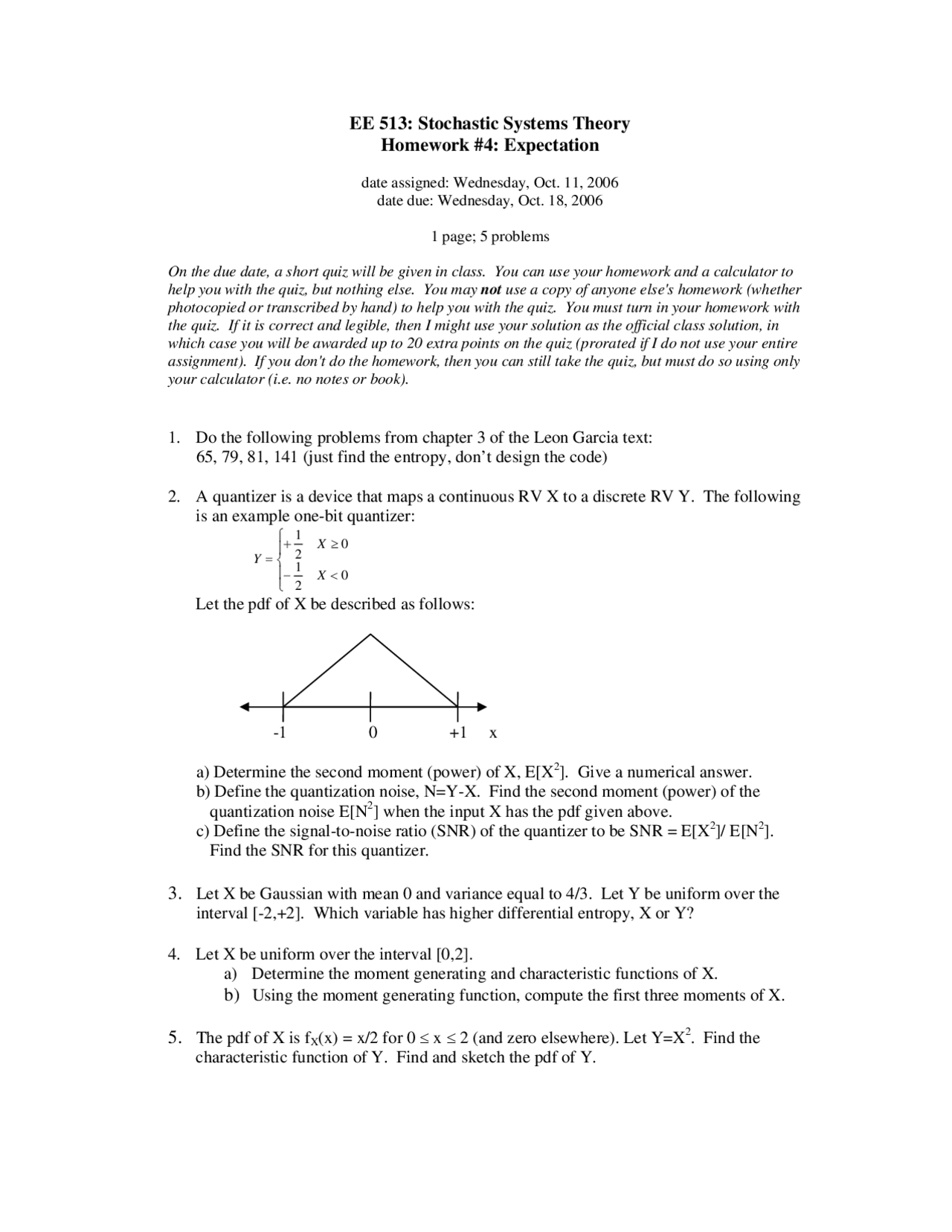 5 Problems On Stochastic Systems Theory Assignment 4 Ee 513 Docsity