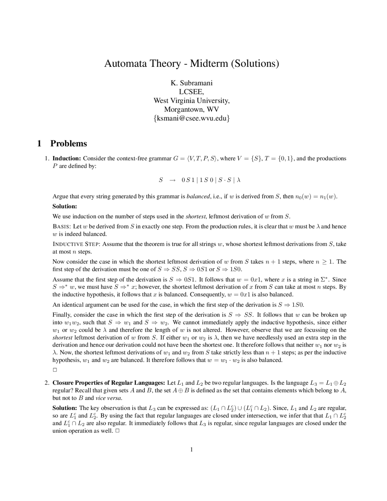 Midterm Exam Questions With Solutions Automata Theory Cs 422