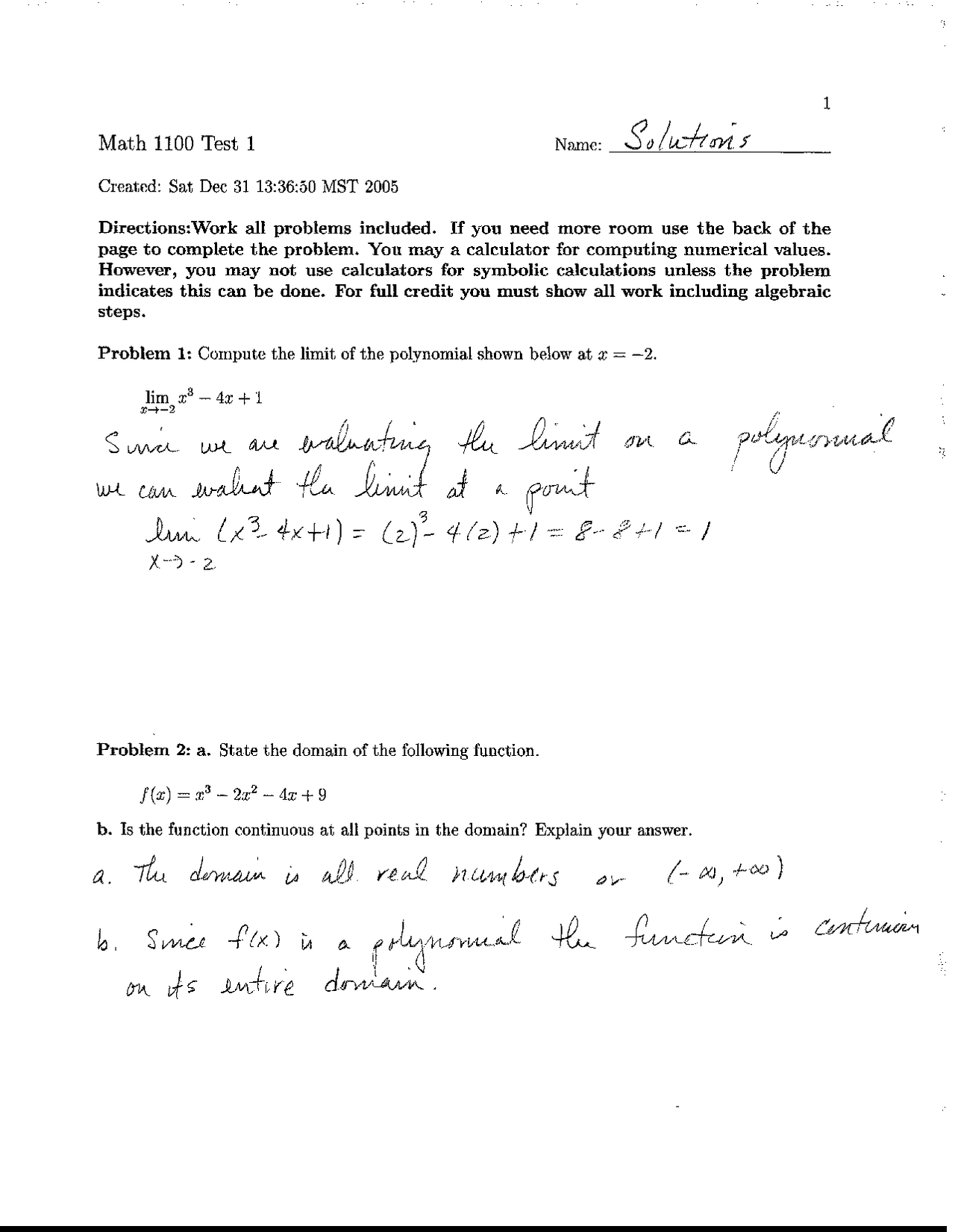 Practice Test 1 With Solutions Calculus Techniques Math 1100 Docsity