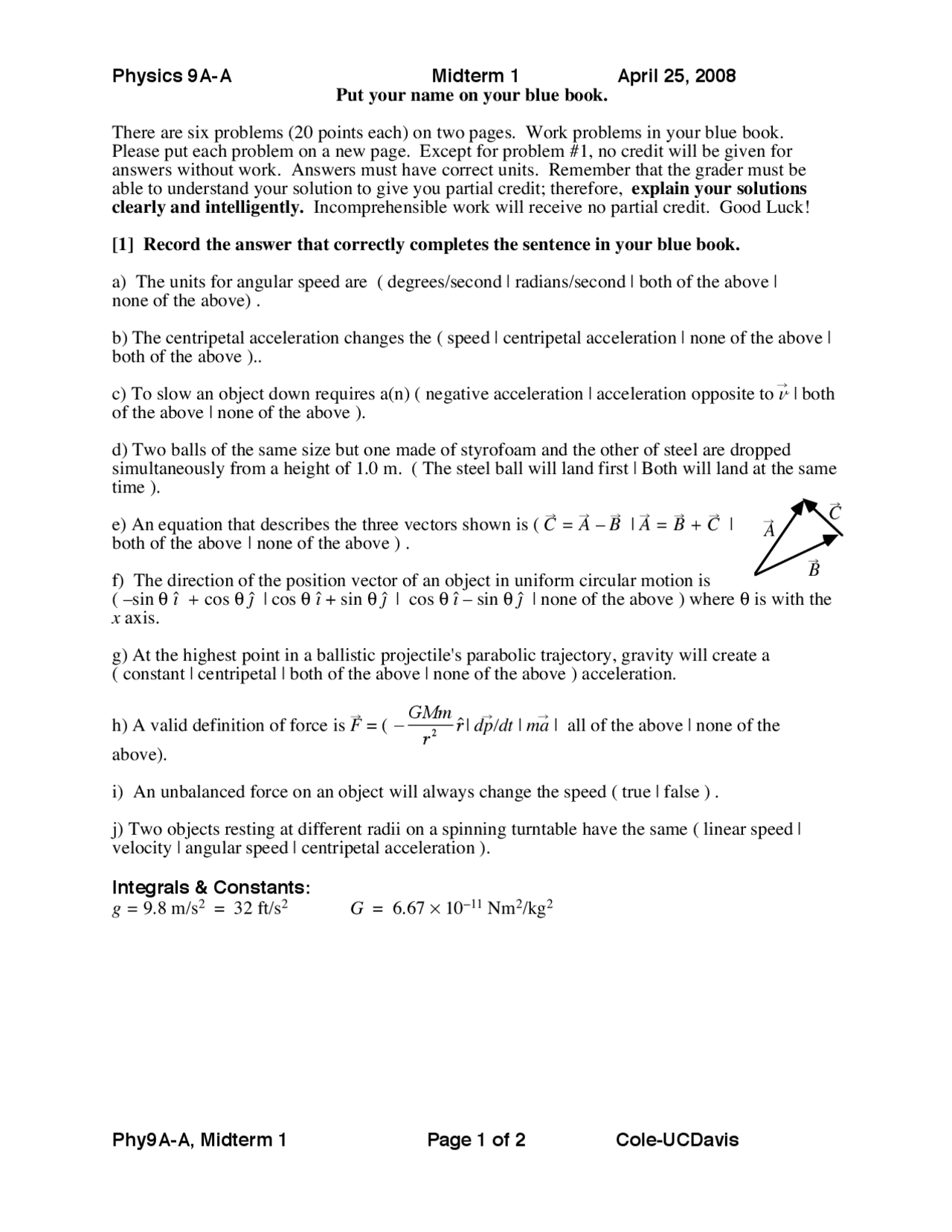 Classical Physics Midterm Exam Questions Phy 009a Docsity