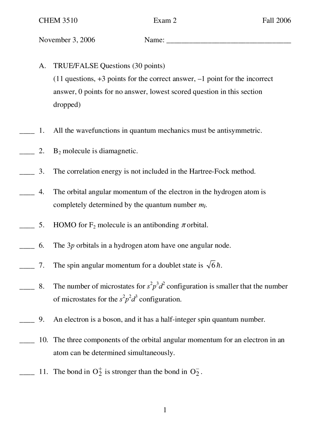 Exam 2 Review Questions - Physical Chemistry | CHEM 3510 - Docsity