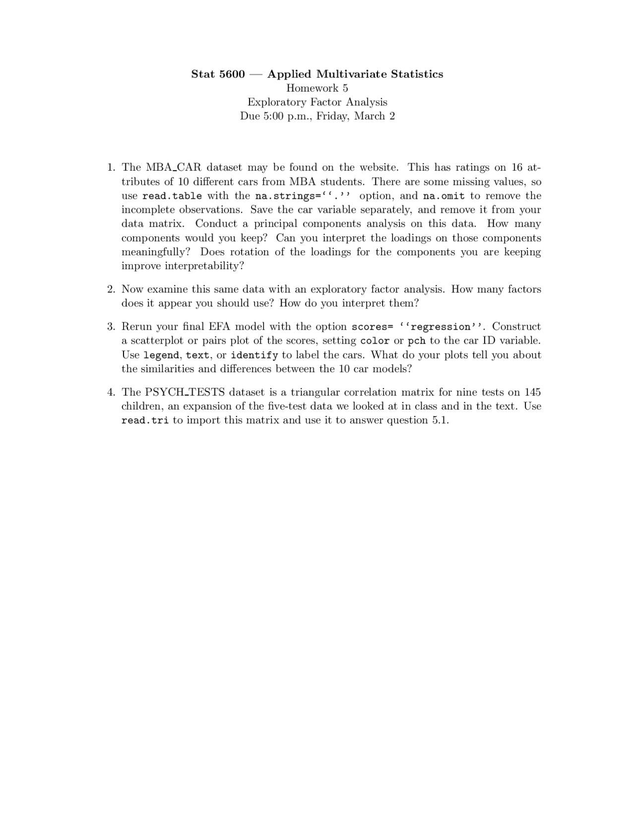 Homework 5 Sample Questions Applied Multivariate Statistics Stat