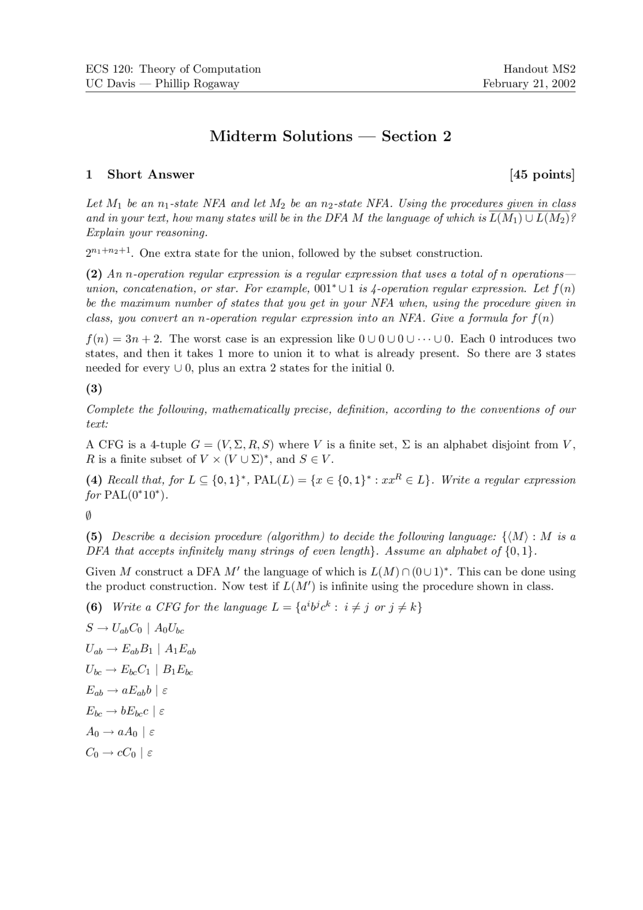 Ecs 120 Theory Of Computation Handout Ms2 Midterm Solutions Prof Phillip W Rogaway