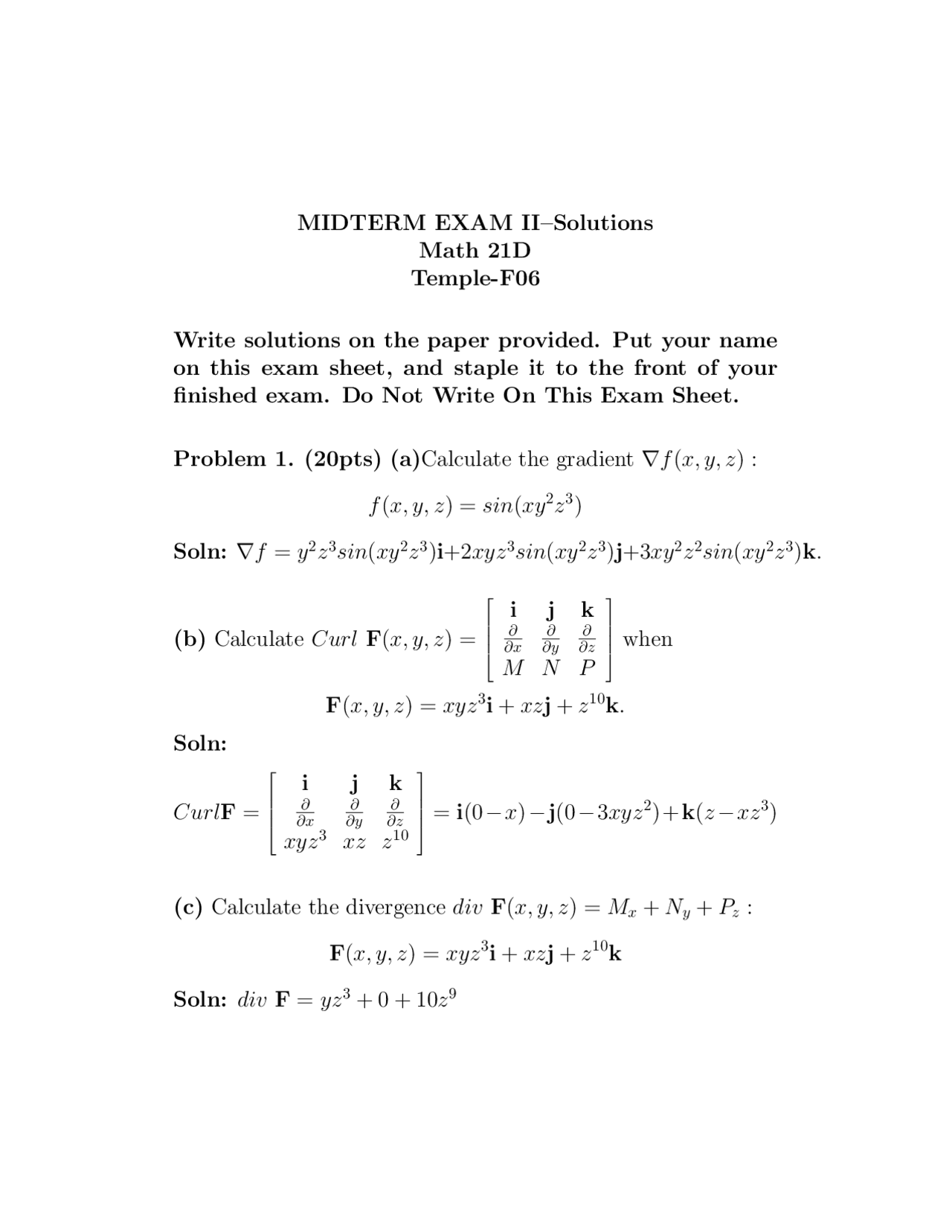 Midterm Exam 2 Solutions For Vector Analysis Mat 021d Docsity