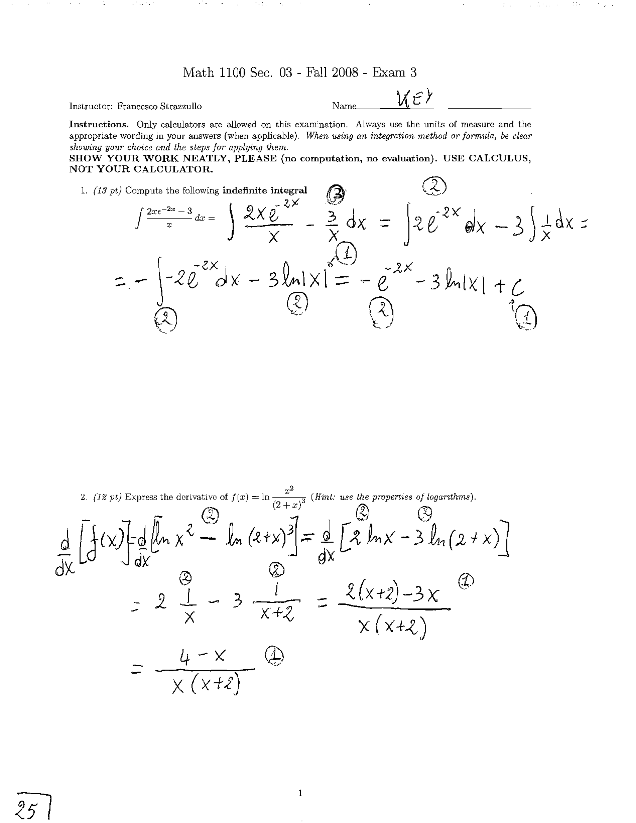 Past Examination 3 With Answers Calculus Techniques Math 1100 Docsity