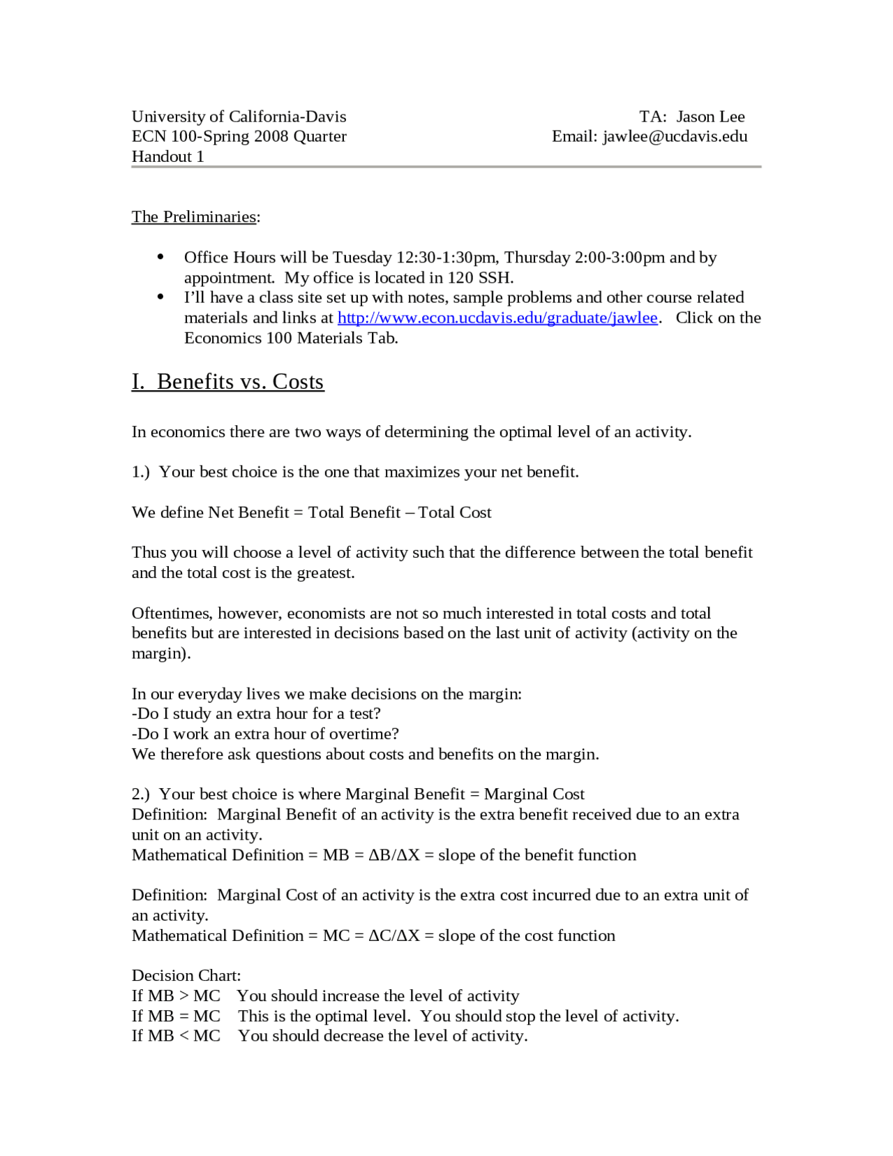 4 Practice Problems, Benefits vs Costs - Intermediate Microeconomics | ECN 100 - Docsity