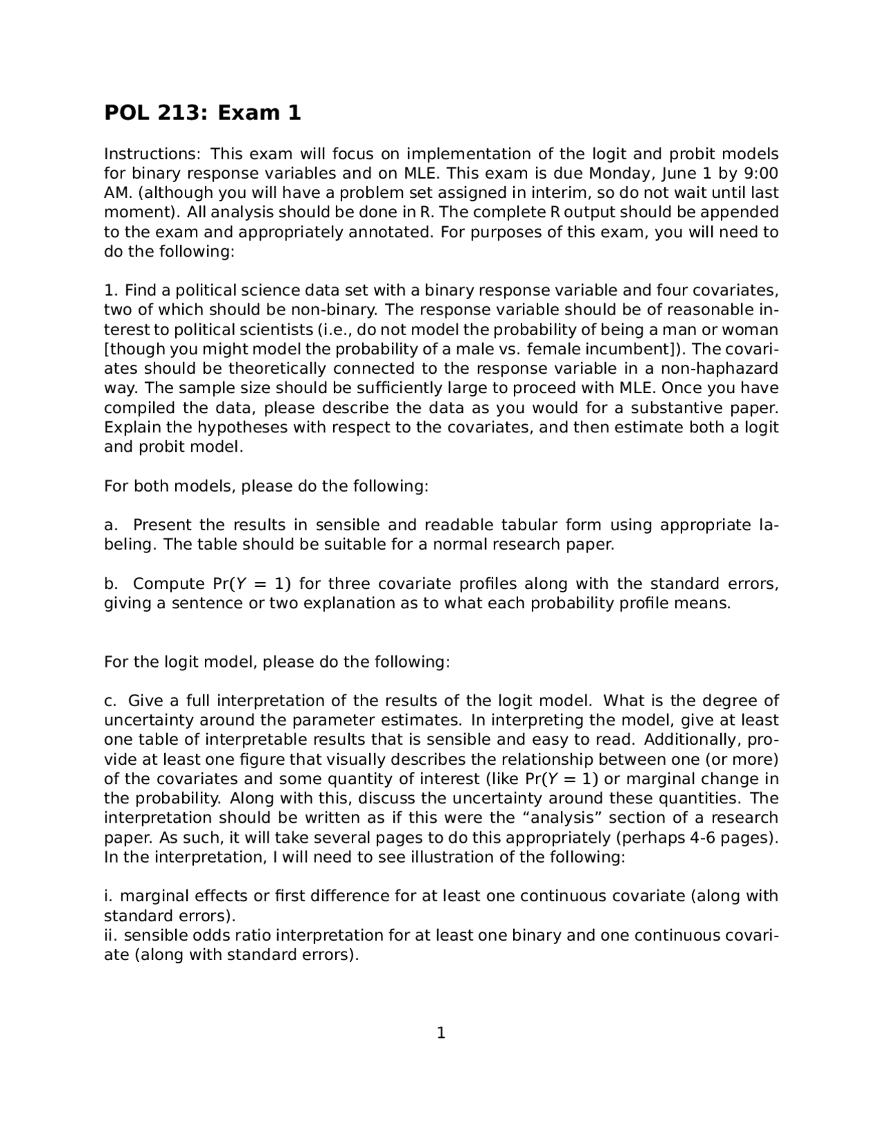 Exam 1 For Quantitative Analysis For Political Science Ii Pol 213