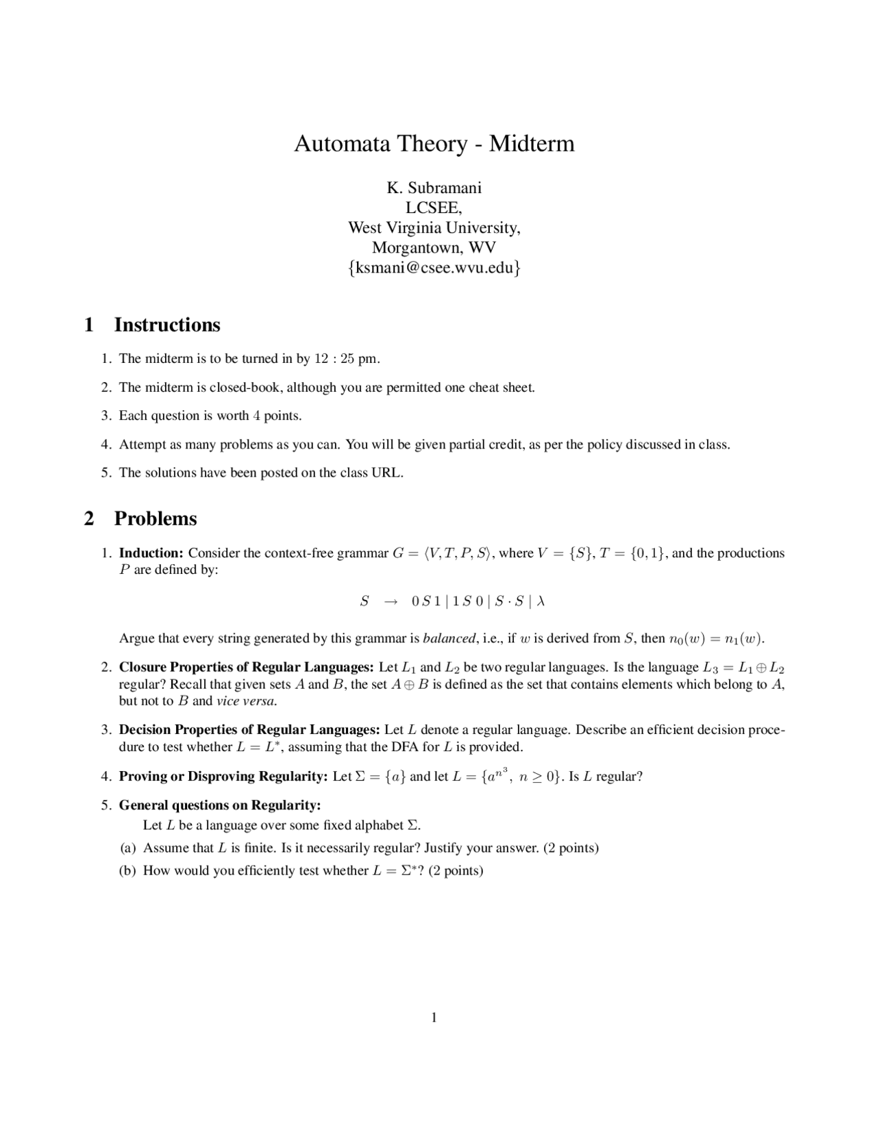 Midterm Exam Questions Automata Theory Cs 422 Docsity