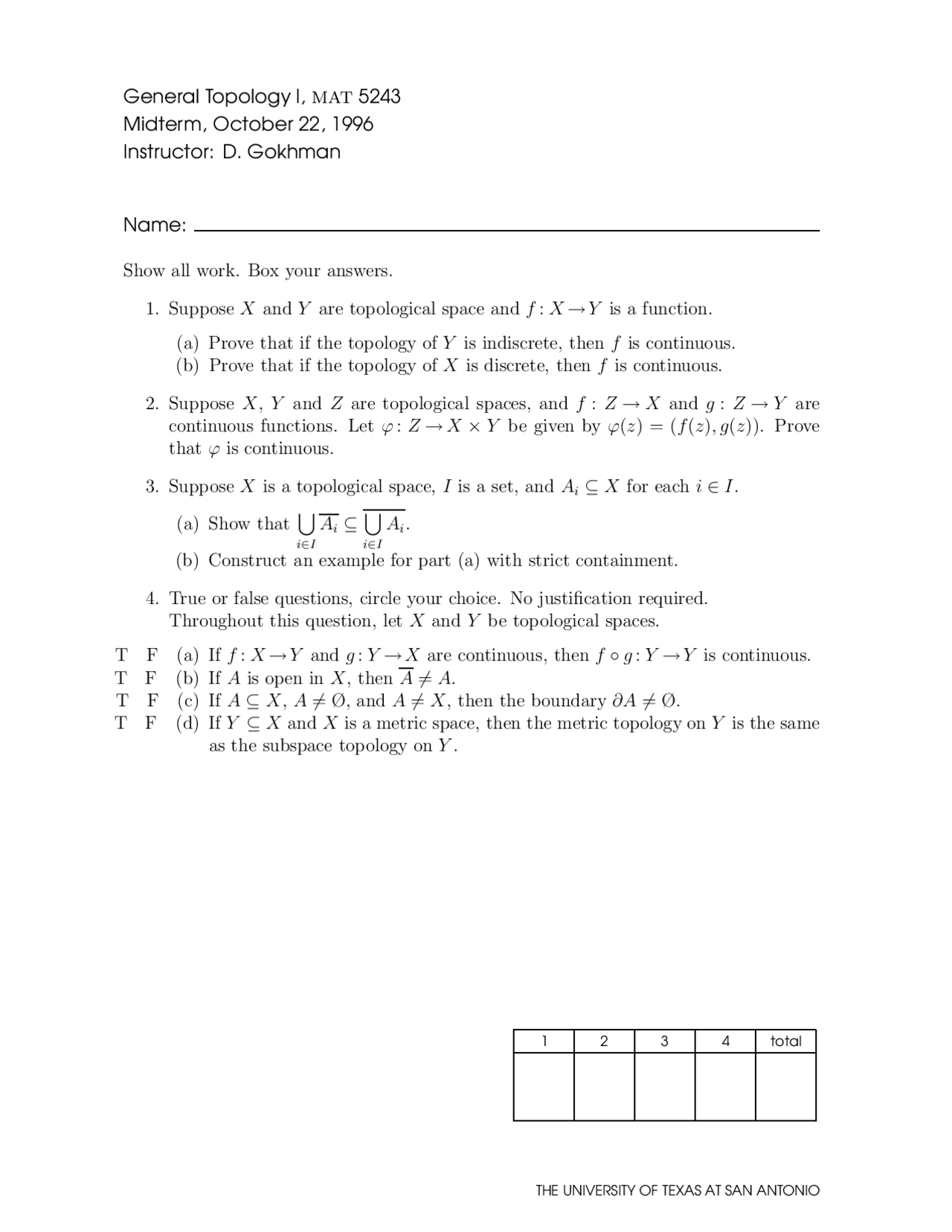 Midterm Exam For General Topology I Mat 5243 Docsity