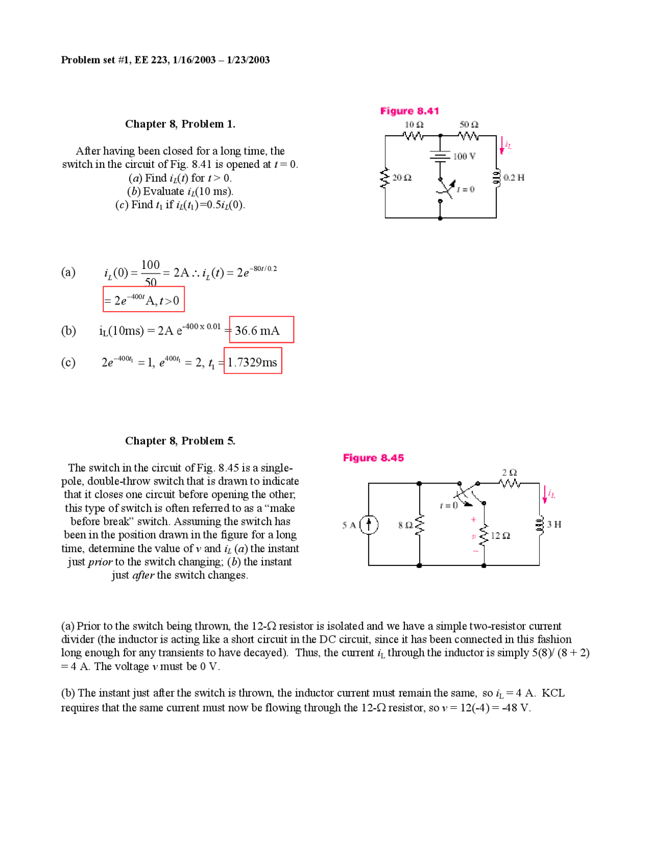 Solved Problems On Electrical Circuits Assignment 1 Ee 223 Docsity