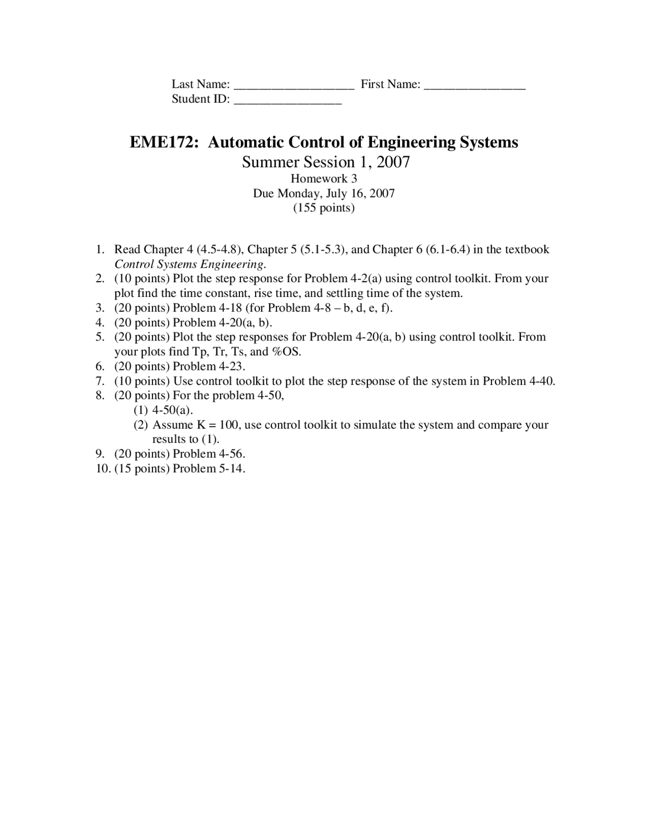 Homework 3 Practice Questions Automatic Control Of Engineering