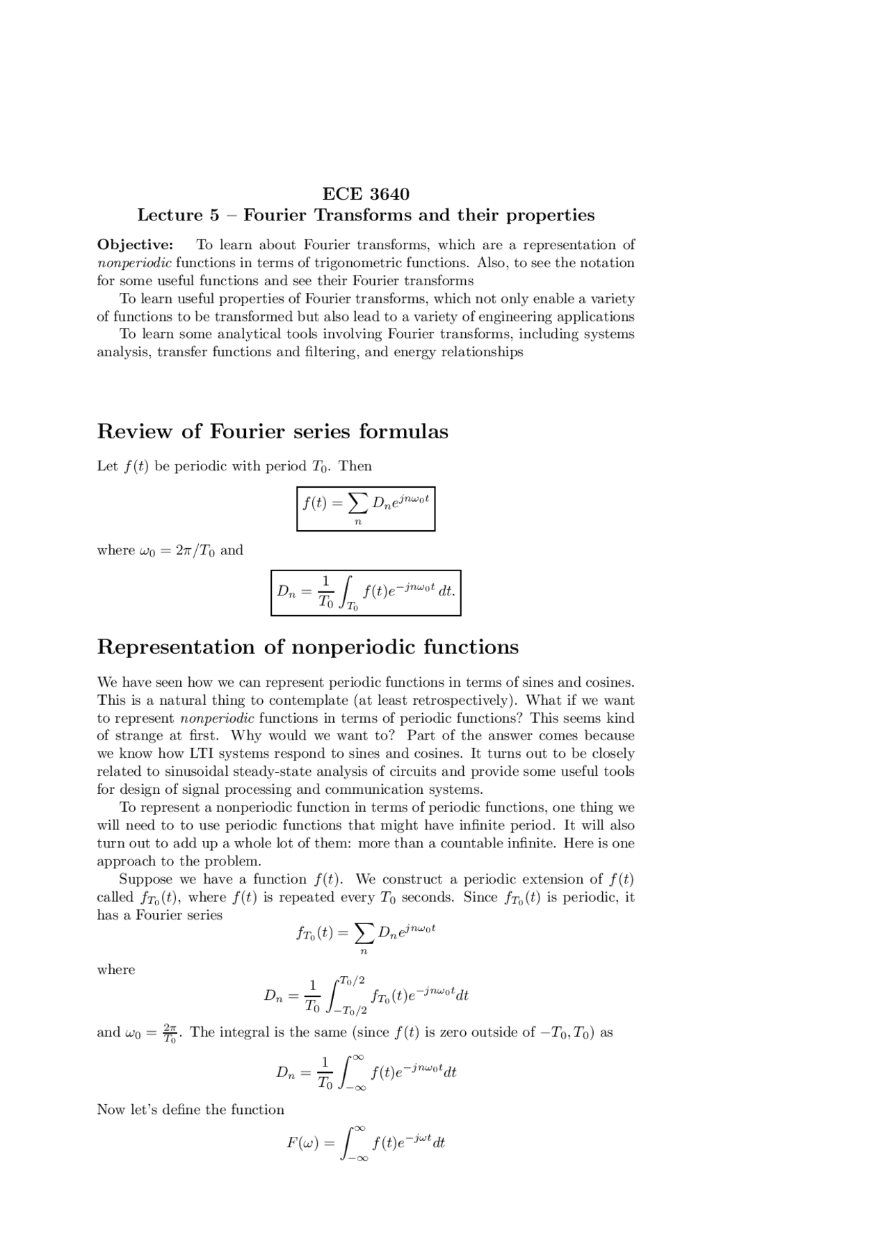 Fourier Transforms And Their Properties Lecture Notes Ece 3640