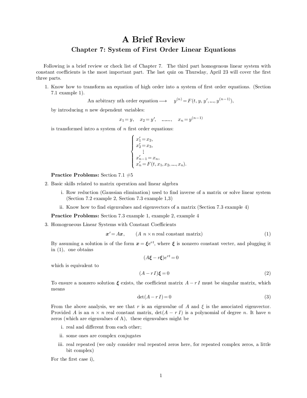 Practice Problems For Review Sheet Ordinary Differential Equations