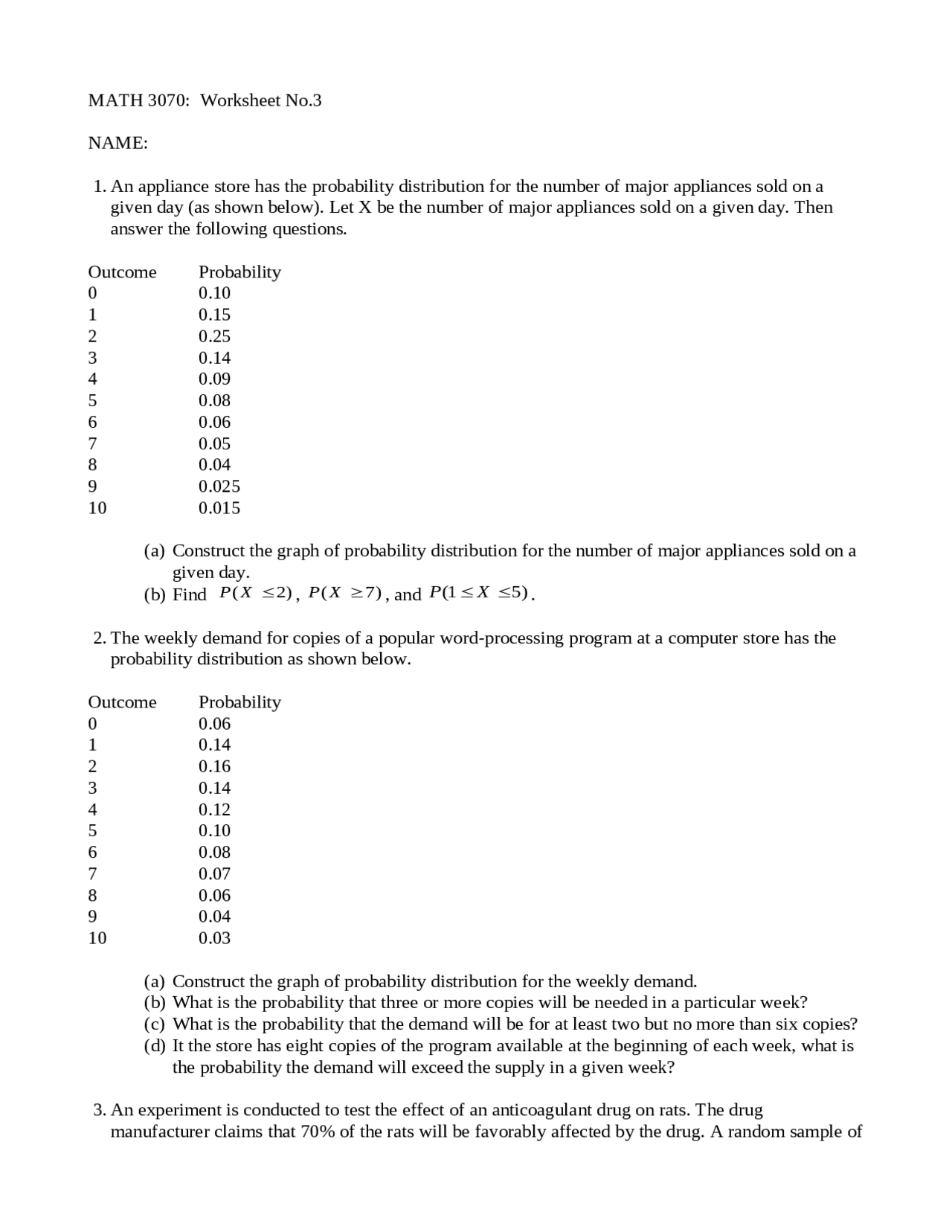 Exam Worksheet 3 Statistical Methods I Math 3070 Exams Data