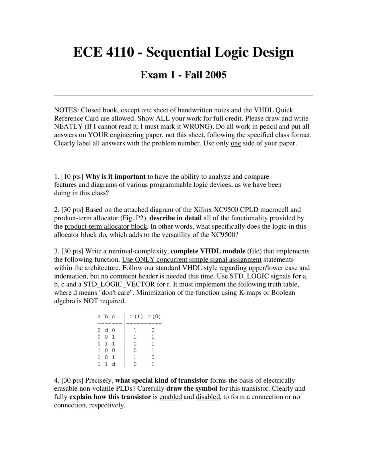 Exam 1 Sequential Logic Design For Ece 4110 Pld Analysis And Vhdl Implementation Exams