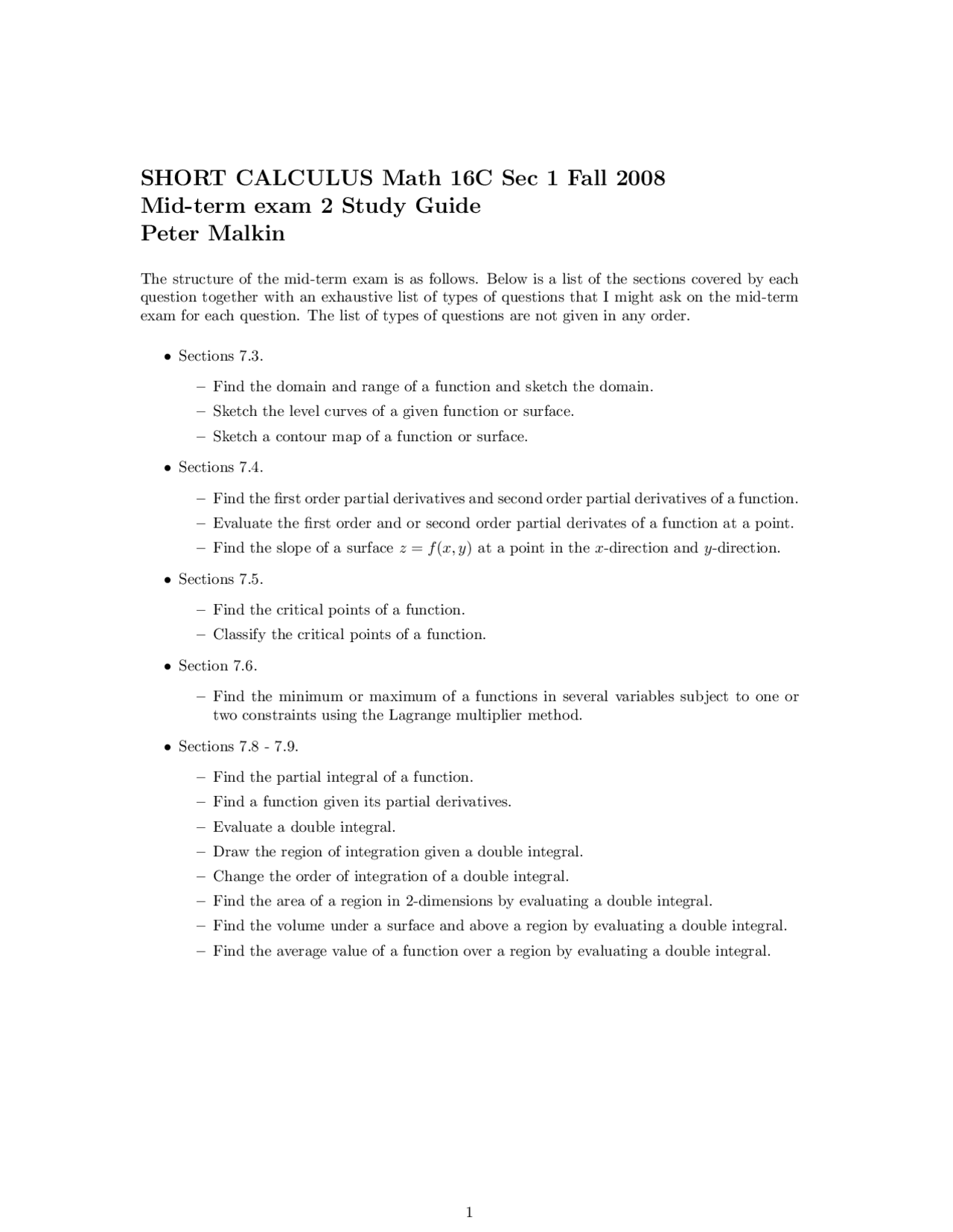 Midterm Exam 2 Short Calculus Fall 2008 Mat 016c Docsity