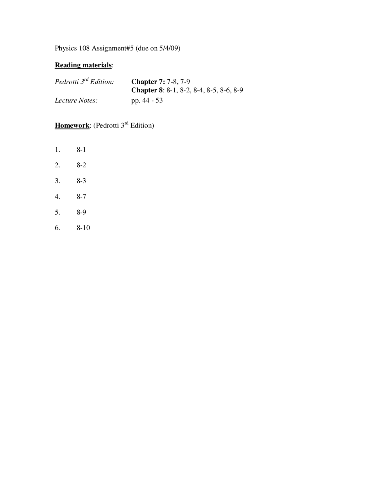 Optics Assignment 5 Sample Questions Phy 108 Docsity