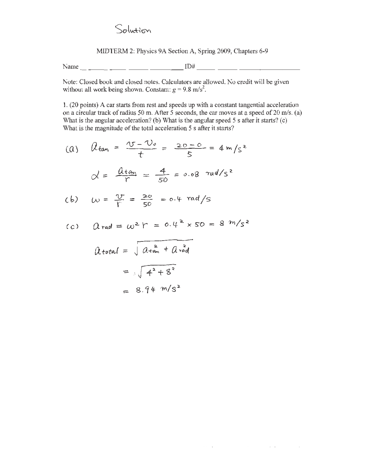 Midterm Exam 2 With Resolution Classical Physics Phy 009a Exams