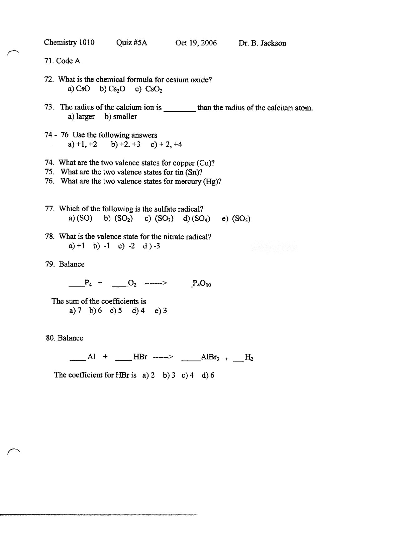 10 Questions on General Chemistry I - Quiz 5A | CHEM 1010 - Docsity