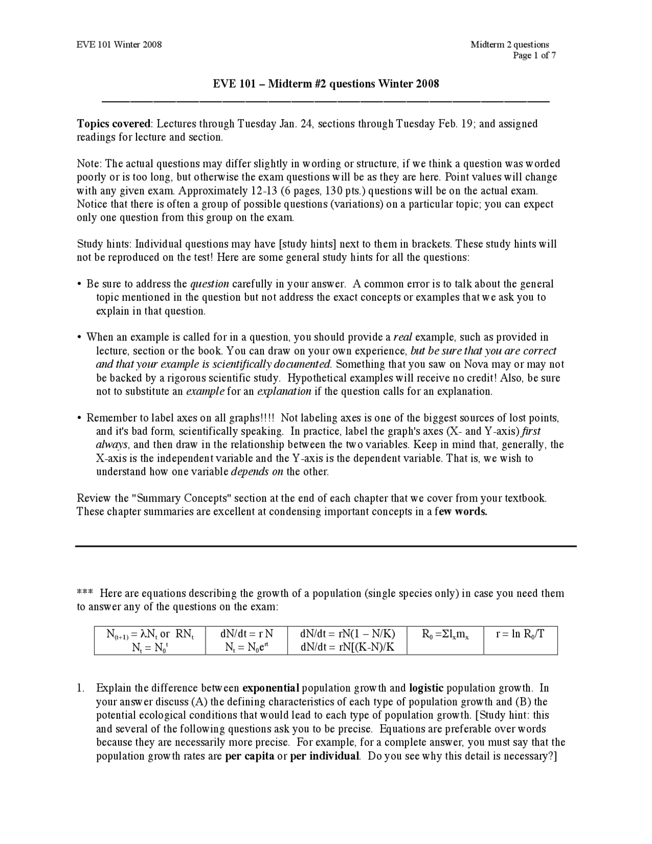 Introduction To Ecology Midterm 2 Questions Eve 101 Docsity